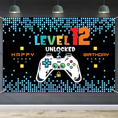 HAMIGAR 6x4ft Happy 12th Birthday Baner Backdrop - Level 12 Unlocked Birthday Decorations Party Supplies for Boys - Blue