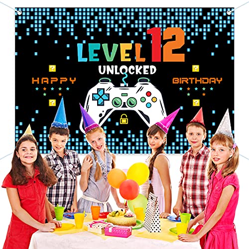 HAMIGAR 6x4ft Happy 12th Birthday Baner Backdrop - Level 12 Unlocked Birthday Decorations Party Supplies for Boys - Blue