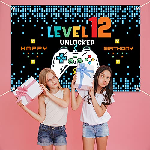 HAMIGAR 6x4ft Happy 12th Birthday Baner Backdrop - Level 12 Unlocked Birthday Decorations Party Supplies for Boys - Blue