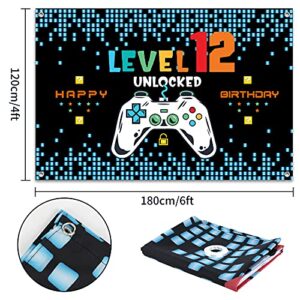 HAMIGAR 6x4ft Happy 12th Birthday Baner Backdrop - Level 12 Unlocked Birthday Decorations Party Supplies for Boys - Blue