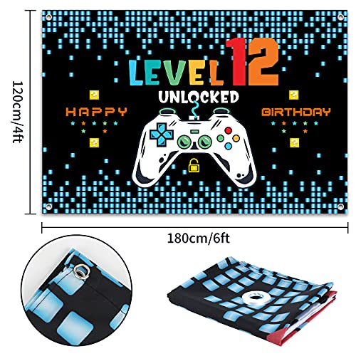 HAMIGAR 6x4ft Happy 12th Birthday Baner Backdrop - Level 12 Unlocked Birthday Decorations Party Supplies for Boys - Blue