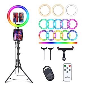 13" selfie ring light with 63" tripod stand & 3 phone holder, led camera ringlight with 48 rgb colors modes & musical rhythm mode and 12 brightness dimmable for makeup/photography/videos/vlog/tiktok