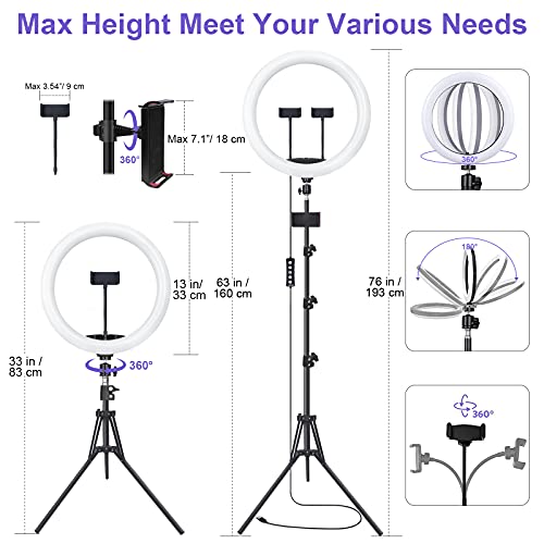 13" Selfie Ring Light with 63" Tripod Stand & 3 Phone Holder, LED Camera Ringlight with 48 RGB Colors Modes & Musical Rhythm Mode and 12 Brightness Dimmable for Makeup/Photography/Videos/Vlog/TikTok