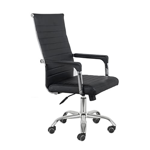 Comfty Mid Back and Chrome Base Ribbed Leather Swivel Office Chair, 40.55”-44.49”, Black