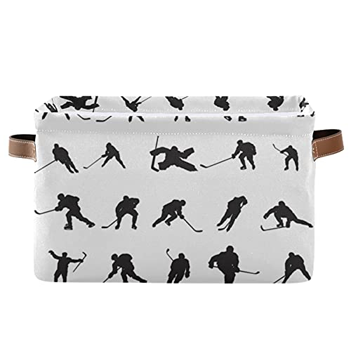 Oyihfvs Hockey Player Doing Different Actions Square Shelves Storage Basket Bin, Waterproof Laundry Hamper Bucket, Baby Nursery Organizer with Handles for Toys Clothes Room Closets