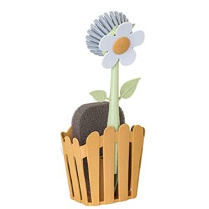 vigar florganic 3-piece sink caddy set, eco-friendly daisy-shaped dish brush, sponge and fence-shaped holder with suction cup, orange