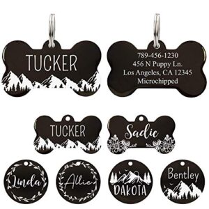 ultra joys stainless steel pet id tag dog name tags personalized front and back engraving, customized dog tags and cat tags, optional engraved on both sides, bone tag with mountain design, large