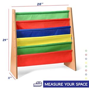 Sagler Toddler Book Shelf Organizer - Wooden Kids Book Case Storage & Magazine Rack with 5 Multicolored Nylon Fabric Shelves - Easy-to-Reach Kids Bookshelf for Nursery, Bedroom, Playroom, Classroom