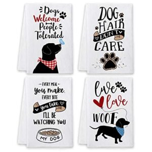 bonsai tree dog dish towels and dish cloths, dog lover owners mom gifts funny kitchen hand towels sets of 4, dogs welcome people tolerated sayings tea towel housewarming decor for new home bathroom