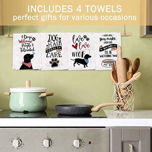 Bonsai Tree Dog Dish Towels and Dish Cloths, Dog Lover Owners Mom Gifts Funny Kitchen Hand Towels Sets of 4, Dogs Welcome People Tolerated Sayings Tea Towel Housewarming Decor for New Home Bathroom