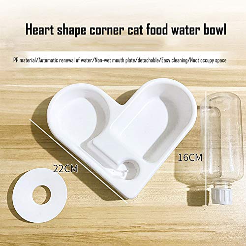 Y-ANN 2 in 1 Double Dog Food and Water Bowl Set, Heart Shape Wall Corner Pet Automatic Water Dispenser Detachable Feeder Bowl No-Spill for Cats Small Dog (White)