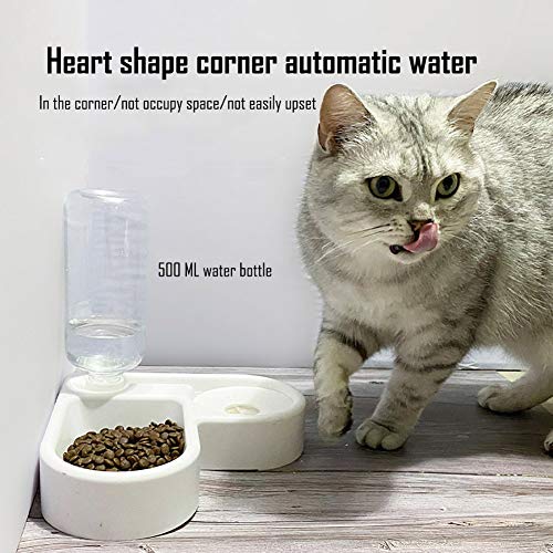 Y-ANN 2 in 1 Double Dog Food and Water Bowl Set, Heart Shape Wall Corner Pet Automatic Water Dispenser Detachable Feeder Bowl No-Spill for Cats Small Dog (White)