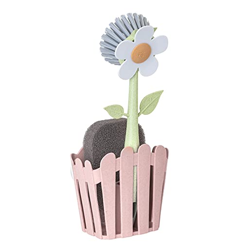 Vigar Florganic 3-piece Sink Caddy Set, Eco-friendly Daisy-shaped Dish Brush, Sponge and Fence-shaped Holder with Suction Cup, Pink