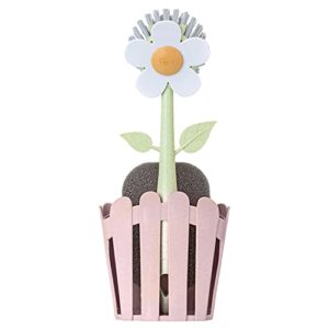 Vigar Florganic 3-piece Sink Caddy Set, Eco-friendly Daisy-shaped Dish Brush, Sponge and Fence-shaped Holder with Suction Cup, Pink