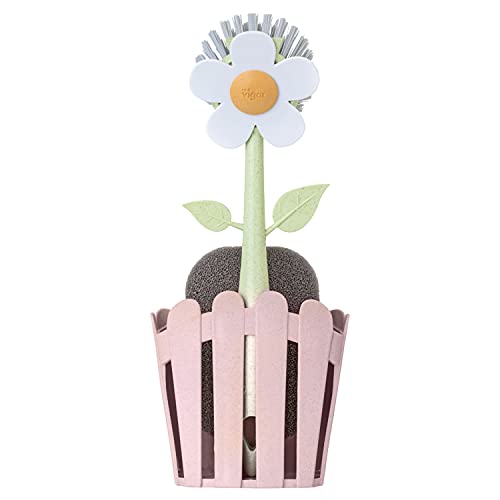 Vigar Florganic 3-piece Sink Caddy Set, Eco-friendly Daisy-shaped Dish Brush, Sponge and Fence-shaped Holder with Suction Cup, Pink