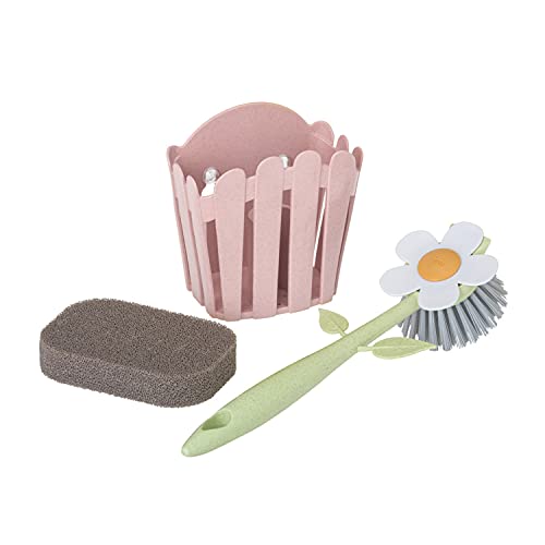 Vigar Florganic 3-piece Sink Caddy Set, Eco-friendly Daisy-shaped Dish Brush, Sponge and Fence-shaped Holder with Suction Cup, Pink