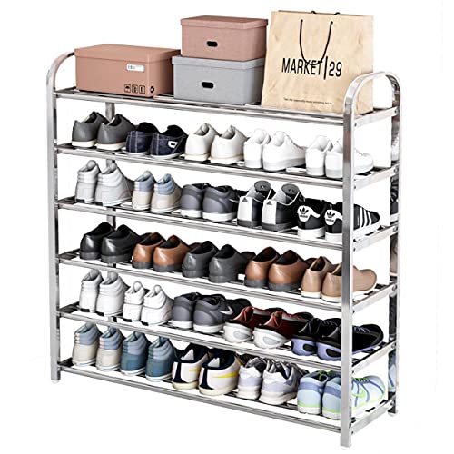 Shoe Rack Organizer for white metal,6 Tier Free Standing Shoe Rack Stainless steel Shoes Storage Shelf,Stackable Shoe Shelf for Entryway Doorway in silver