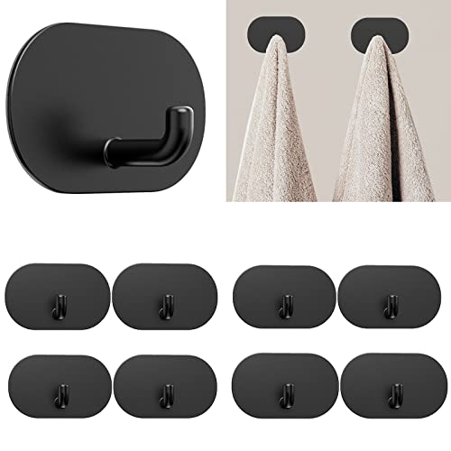 Adhesive Hooks Heavy Duty Stick On Wall Hooks Stainless Steel Kitchen Bathroom Hooks Rust-Proof Metal Hooks for Hanging Keys, Hat, Towel Robe, Black, Pack of 8