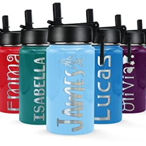 Personalized Kids Water Bottle with Straw Lid on Pastel Blue Gloss for School Engraved Custom Children Name 12 oz Modern Insulated Stainless Steel