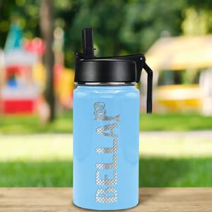 Personalized Kids Water Bottle with Straw Lid on Pastel Blue Gloss for School Engraved Custom Children Name 12 oz Modern Insulated Stainless Steel