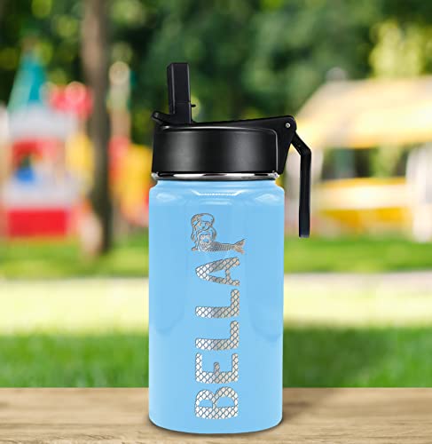 Personalized Kids Water Bottle with Straw Lid on Pastel Blue Gloss for School Engraved Custom Children Name 12 oz Modern Insulated Stainless Steel