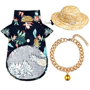 3 pieces pet dog hawaiian costume include hawaiian dog t-shirts pineapple print puppy summer clothes, straw hat and cool gold chain necklace for small medium dogs (medium, navy blue)