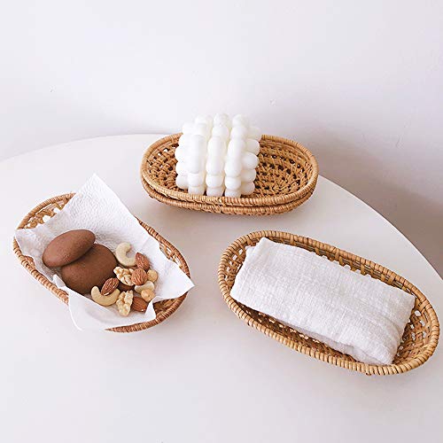 Rattan Handwoven Towel Tray Candy Dish Plate Fruit Oval Trays Cosmetics Jewelry Organizer for Bathroom Vanity Countertops (S-20cm)