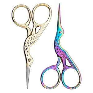 embroidery scissors small sewing scissors stainless steel classic stork sharp tip 2pcs crafting scissors for art work diy needlework paper cutting office threading shears (3.7inch, gold & colorful)