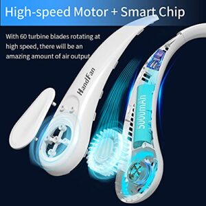 Bladeless Neck Fan 5000mAh, Necklace Fan Battery Operated 4 speeds, Wearable Fan Rechargeable Strong Airflow, Hands-Free Fan Portable, for Outdoor Activities Travel Office Home (White)