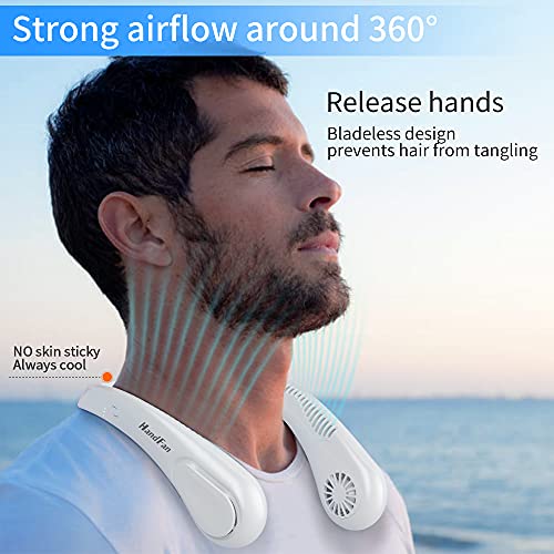 Bladeless Neck Fan 5000mAh, Necklace Fan Battery Operated 4 speeds, Wearable Fan Rechargeable Strong Airflow, Hands-Free Fan Portable, for Outdoor Activities Travel Office Home (White)