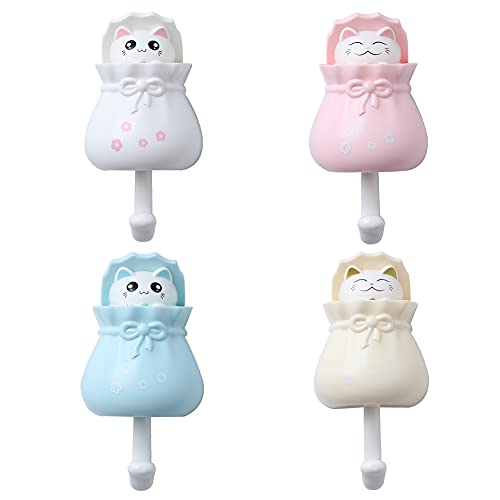 4 Pcs Cat Coat Hooks Plastic Creative Home Adhesive Wall Hooks for Hanging Coats, Keys, Hats, Luggage and Towels, Decorations (4, Pink+Blue+Yellow+White)