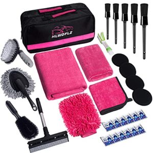 hlwdflz 31pcs car wash cleaning tools kit car detailing set - pink car wash kit interior and exterior with car detail brushes, tire brush, wash mitt, towels