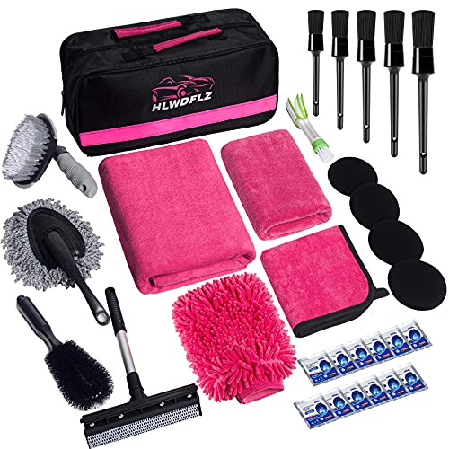 HLWDFLZ 31pcs Car Wash Cleaning Tools Kit Car Detailing Set - Pink Car Wash Kit Interior and Exterior with Car Detail Brushes, Tire Brush, Wash Mitt, Towels