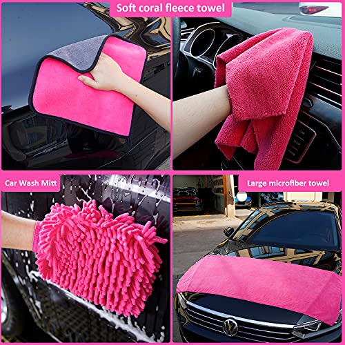 HLWDFLZ 31pcs Car Wash Cleaning Tools Kit Car Detailing Set - Pink Car Wash Kit Interior and Exterior with Car Detail Brushes, Tire Brush, Wash Mitt, Towels