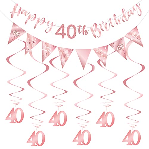 Rose Gold 40th Birthday Decoration for Girls, Happy 40th Birthday Banner Bunting Swirls, Triangle Flag Banner for 40 Birthday Party Decorations Supplies