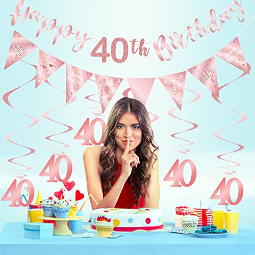 Rose Gold 40th Birthday Decoration for Girls, Happy 40th Birthday Banner Bunting Swirls, Triangle Flag Banner for 40 Birthday Party Decorations Supplies