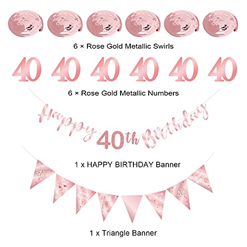 Rose Gold 40th Birthday Decoration for Girls, Happy 40th Birthday Banner Bunting Swirls, Triangle Flag Banner for 40 Birthday Party Decorations Supplies