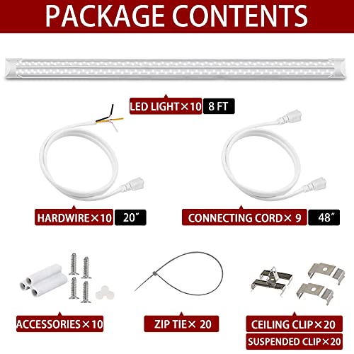 (10 Pack) 8FT LED Shop Light, 100W 13000LM 6000K, Super Bright White, T8 LED Tube Light, No RF & FM Interference Linkable Shop Light, 8 Foot LED Shop Lights for Garage, Shop, Hardwired Installation