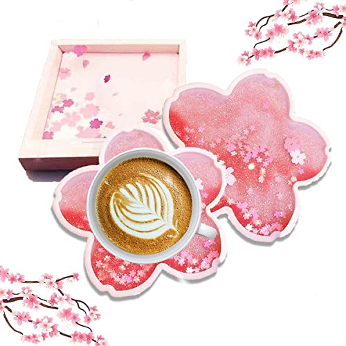 2pcs Sakura Coasters,Non-Slip Insulation Acrylic Coaster, Funny Coasters,Cute Cherry Blossom Decor,Gift for Girlfriend Women Kids Wife (Pink)