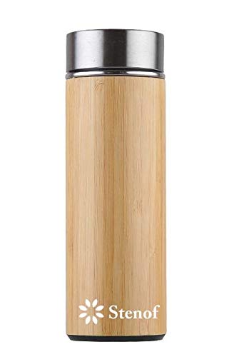 Stenof Bamboo Tea Tumbler with a long tea strainer and a spoon steel insulation 12 hours warmth| 450 ml leak proof tea, coffee and travel water flask| Eco-friendly travel bottle