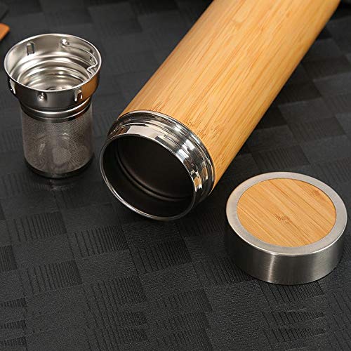 Stenof Bamboo Tea Tumbler with a long tea strainer and a spoon steel insulation 12 hours warmth| 450 ml leak proof tea, coffee and travel water flask| Eco-friendly travel bottle