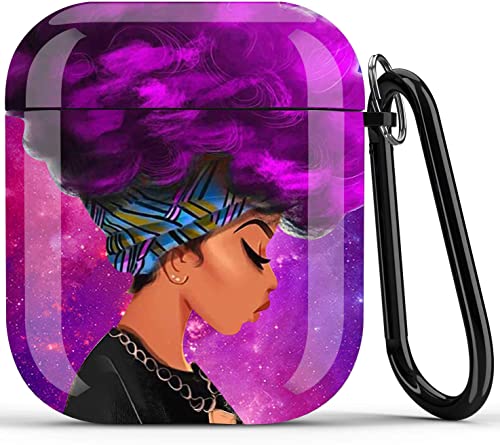 African American Girl Airpods Case - Wonjury Airpod Skin Protective Hard Case Cover Portable & Shockproof Women with Keychain for Apple Airpods 2/1 Charging Case (Purple Hair Girl)