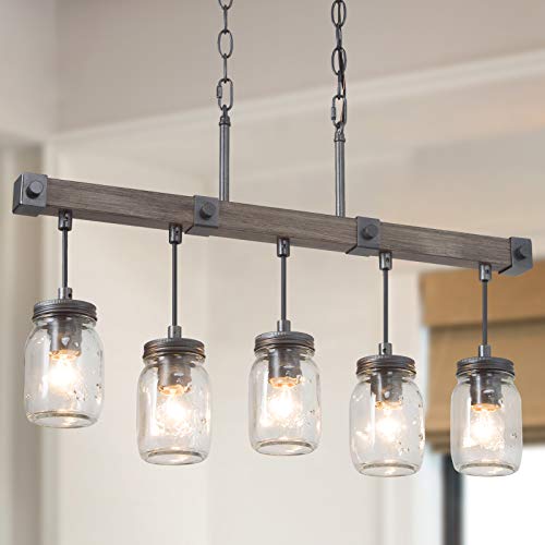 Mason Jar Chandelier, 5-Light Farmhouse Chandelier for Dining Room, 25.5" Rustic Island Lighting with Clear Glass Globes