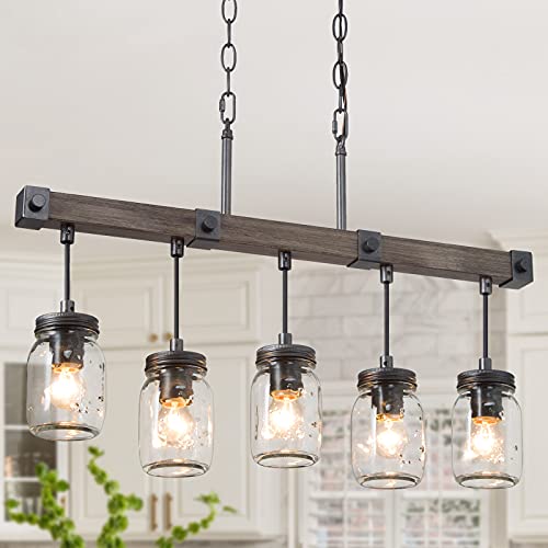 Mason Jar Chandelier, 5-Light Farmhouse Chandelier for Dining Room, 25.5" Rustic Island Lighting with Clear Glass Globes