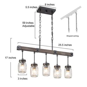 Mason Jar Chandelier, 5-Light Farmhouse Chandelier for Dining Room, 25.5" Rustic Island Lighting with Clear Glass Globes