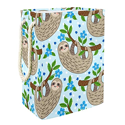 Laundry Basket Foldable Laundry Hamper With Handles Detachable Storage Bin, Bathroom Organizer, Children Toy Bins Cute Sloth Hanging On The Tree Blue