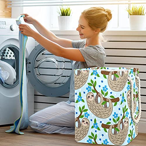 Laundry Basket Foldable Laundry Hamper With Handles Detachable Storage Bin, Bathroom Organizer, Children Toy Bins Cute Sloth Hanging On The Tree Blue