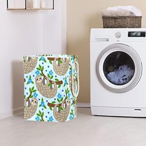 Laundry Basket Foldable Laundry Hamper With Handles Detachable Storage Bin, Bathroom Organizer, Children Toy Bins Cute Sloth Hanging On The Tree Blue