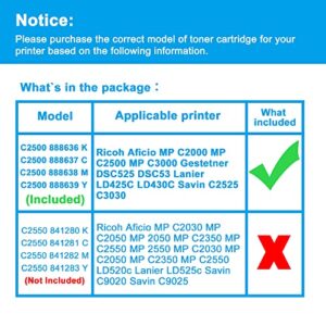 LCL Compatible Toner Cartridge Replacement for Ricoh 888636 888637 888638 888639 MP C2000 MP C2500 MP C300 DSC525 DSC530 LD425C LD430C C2525 C3030 Aficio MP C2000 MP C2500 (4-Pack KCMY)