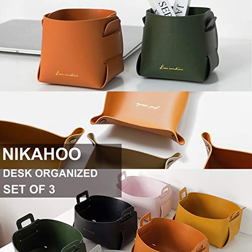 NIKAHOO Small Basket Bin Leather Storage Basket, Foldable Shelf Desk Organizer Trays for Living Room, Office, Nursery, Home Décor